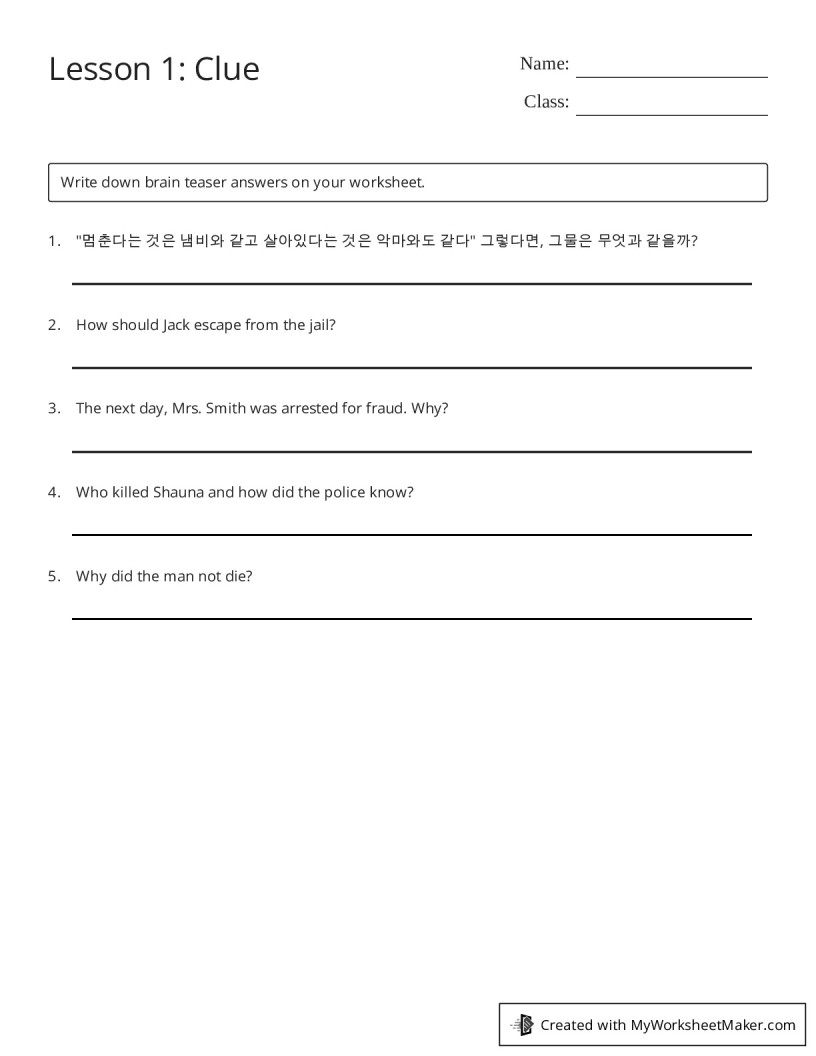 Lesson 1: Clue - My Worksheet Maker: Create Your Own Worksheets