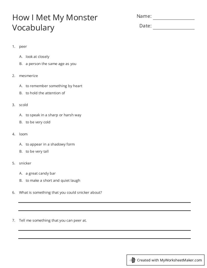How I Met My Monster Vocabulary - My Worksheet Maker: Create Your Own ...