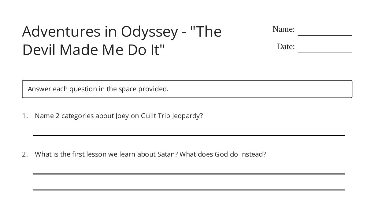 Adventures in Odyssey - "The Devil Made Me Do It" - My Worksheet Maker ...