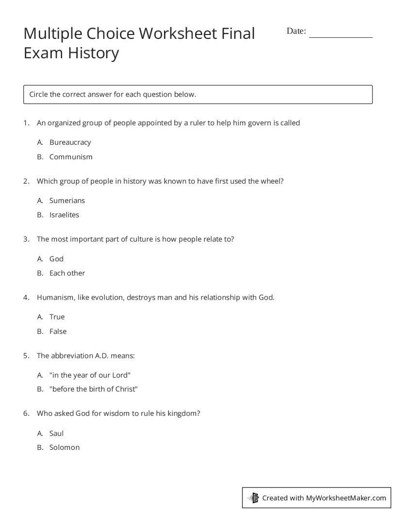 Multiple Choice Worksheet Final Exam History - My Worksheet Maker ...