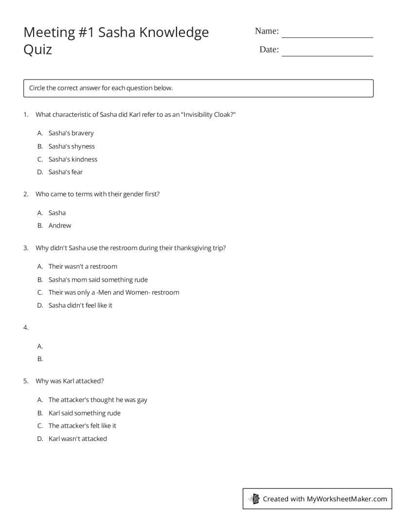Meeting #1 Sasha Knowledge Quiz - My Worksheet Maker: Create Your Own ...