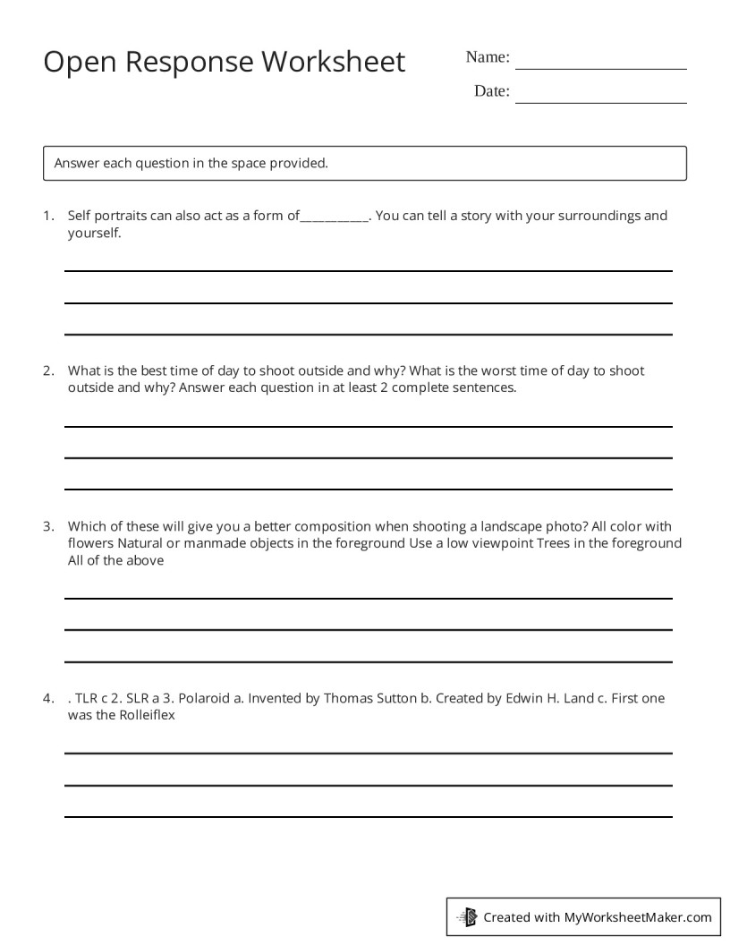 Open Response Worksheet - My Worksheet Maker: Create Your Own Worksheets