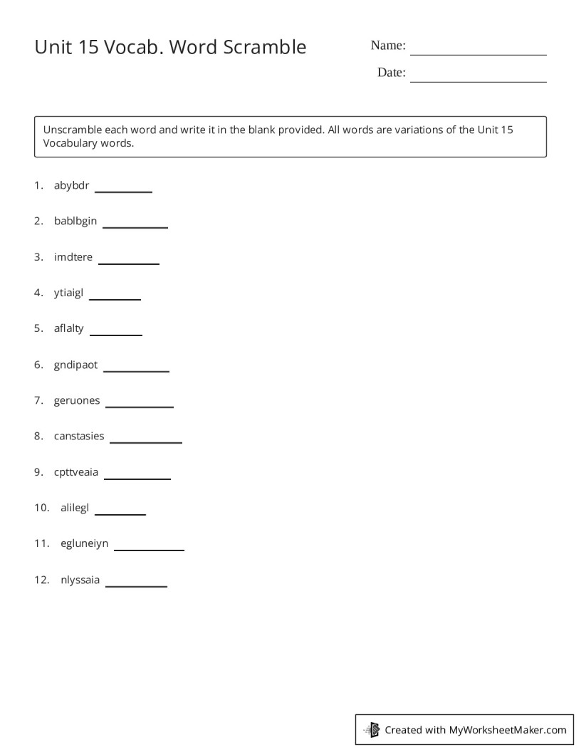Unit 15 Vocab. Word Scramble - My Worksheet Maker: Create Your Own Worksheets