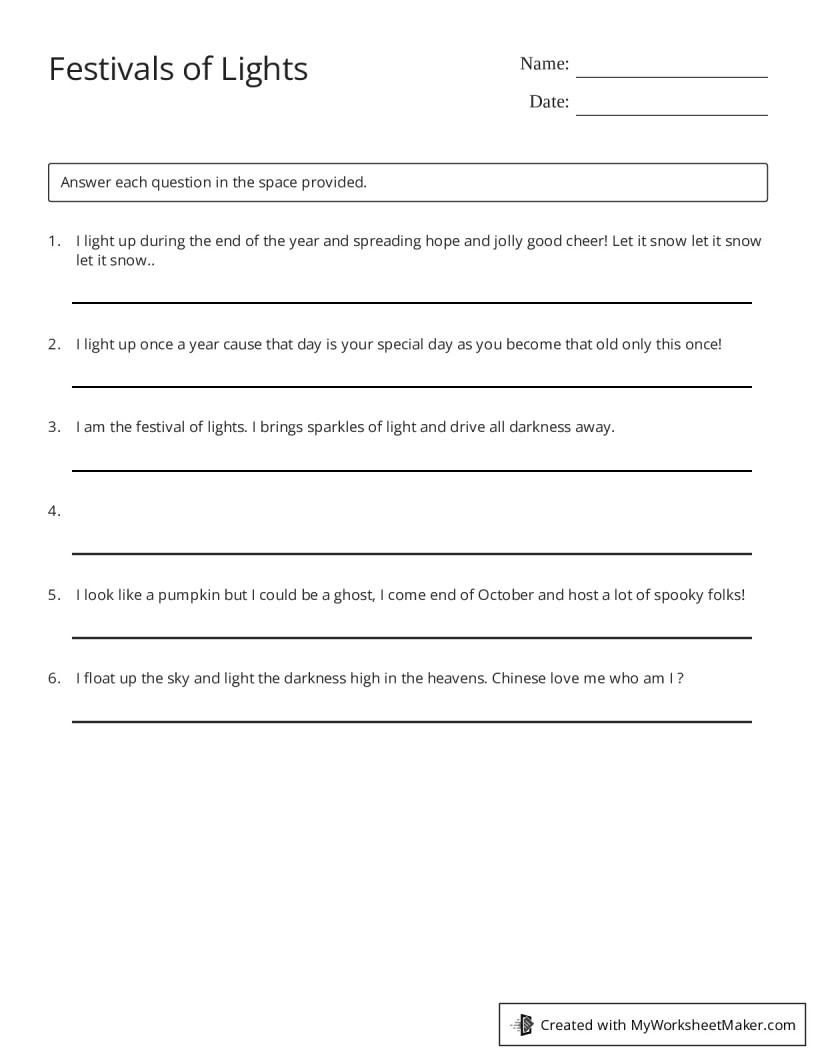 Festivals of Lights - My Worksheet Maker: Create Your Own Worksheets