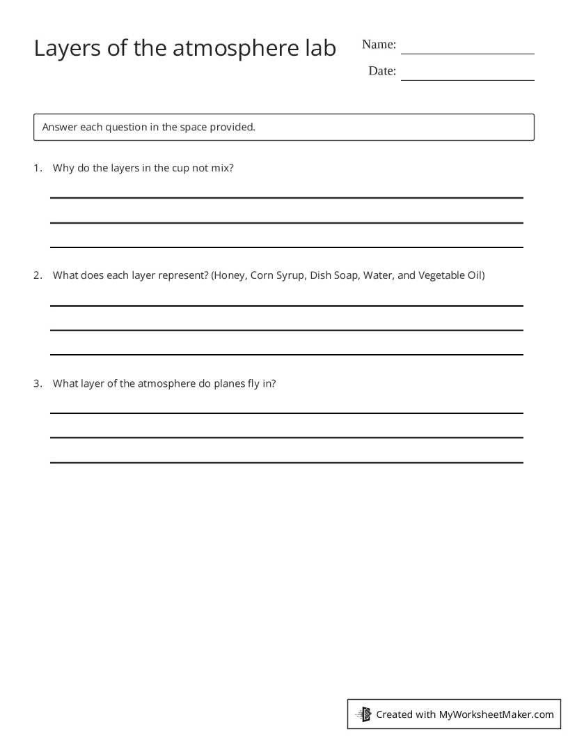 Layers of the atmosphere lab - My Worksheet Maker: Create Your Own ...