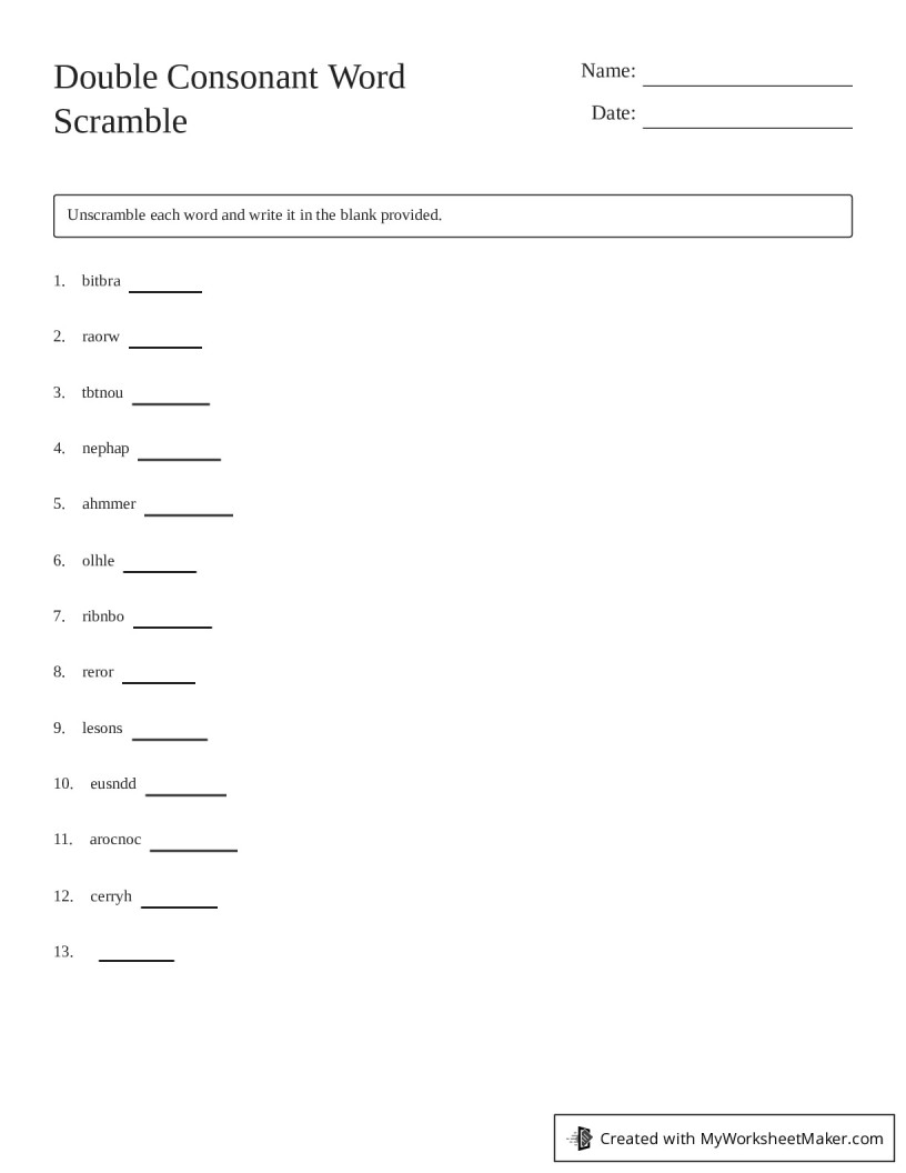Double Consonant Word Scramble - My Worksheet Maker: Create Your Own ...