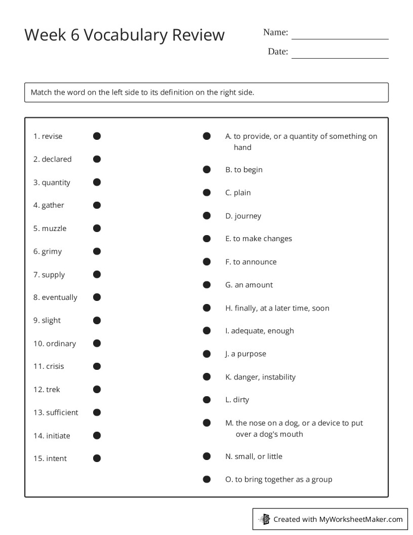 Week 6 Vocabulary Review - My Worksheet Maker: Create Your Own Worksheets