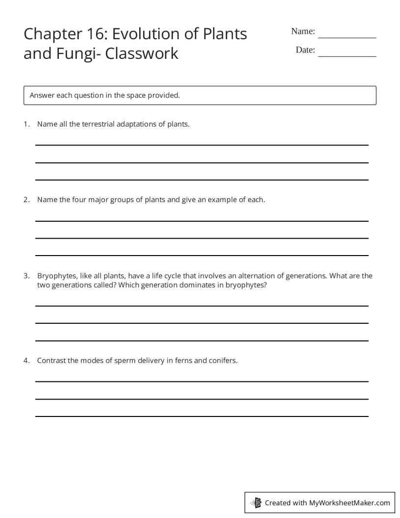 Chapter 16: Evolution of Plants and Fungi- Classwork - My Worksheet ...