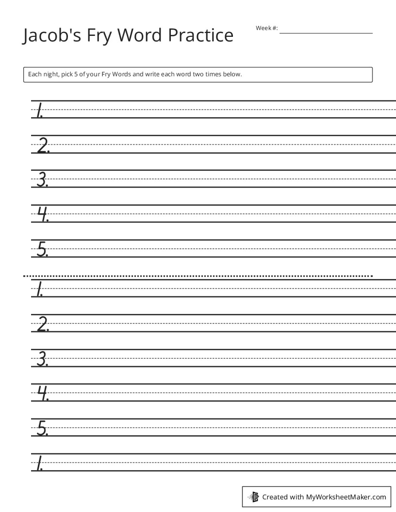Jacob's Fry Word Practice - My Worksheet Maker: Create Your Own Worksheets