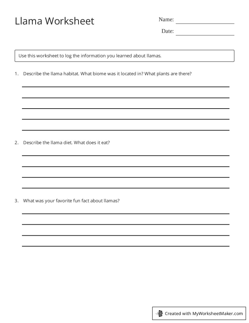 Llama Worksheet - My Worksheet Maker: Create Your Own Worksheets