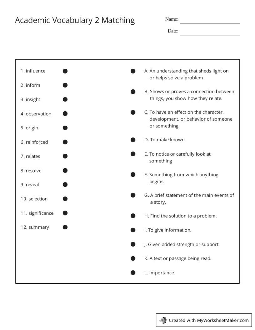 Academic Vocabulary 2 Matching - My Worksheet Maker: Create Your Own ...