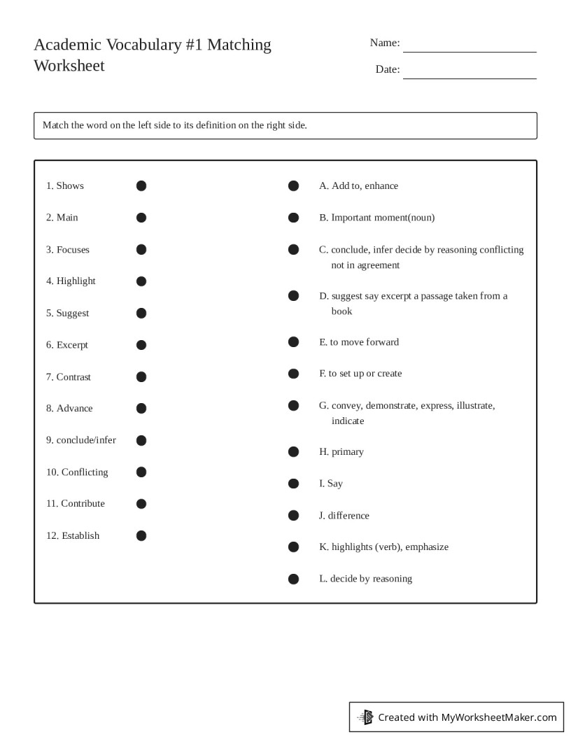 Academic Vocabulary #1 Matching Worksheet - My Worksheet Maker: Create ...