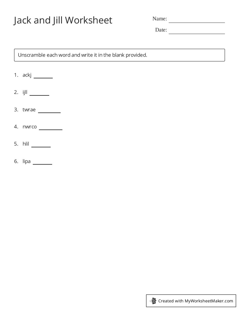 Jack and Jill Worksheet - My Worksheet Maker: Create Your Own Worksheets