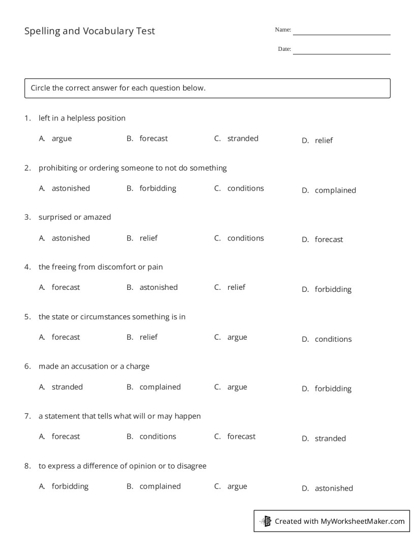 Spelling and Vocabulary Test - My Worksheet Maker: Create Your Own ...