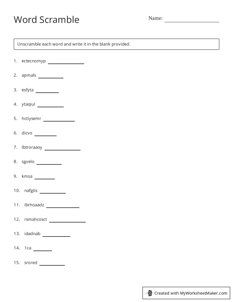 Word Scramble - My Worksheet Maker: Create Your Own Worksheets