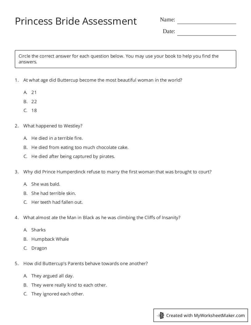Princess Bride Assessment - My Worksheet Maker: Create Your Own Worksheets