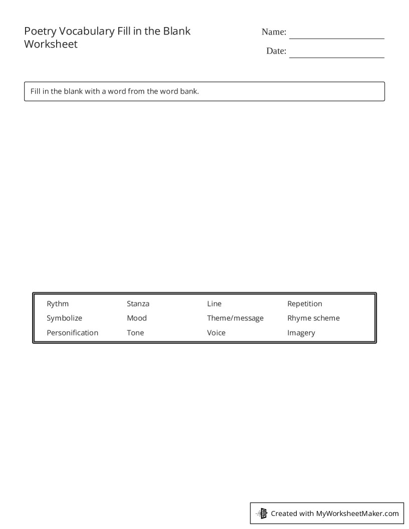 Poetry Vocabulary Fill in the Blank Worksheet - My Worksheet Maker ...