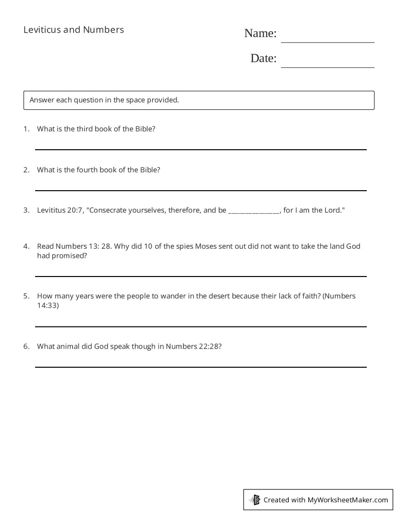 Leviticus and Numbers - My Worksheet Maker: Create Your Own Worksheets