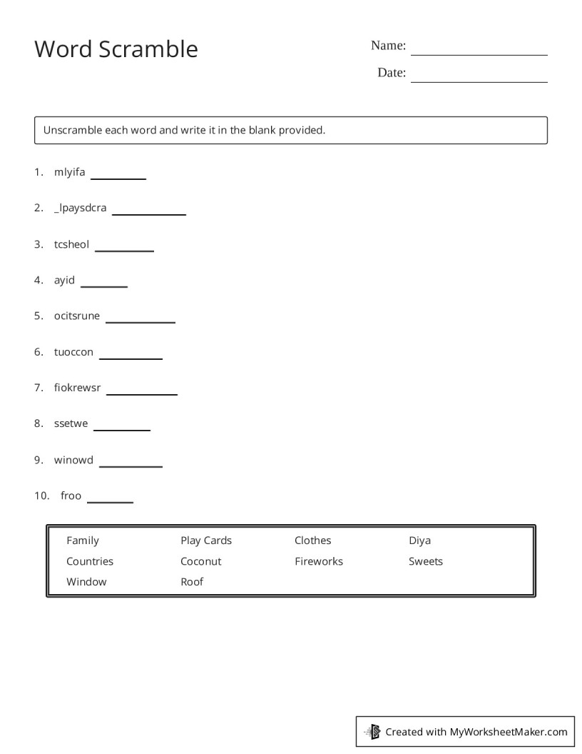 Word Scramble - My Worksheet Maker: Create Your Own Worksheets