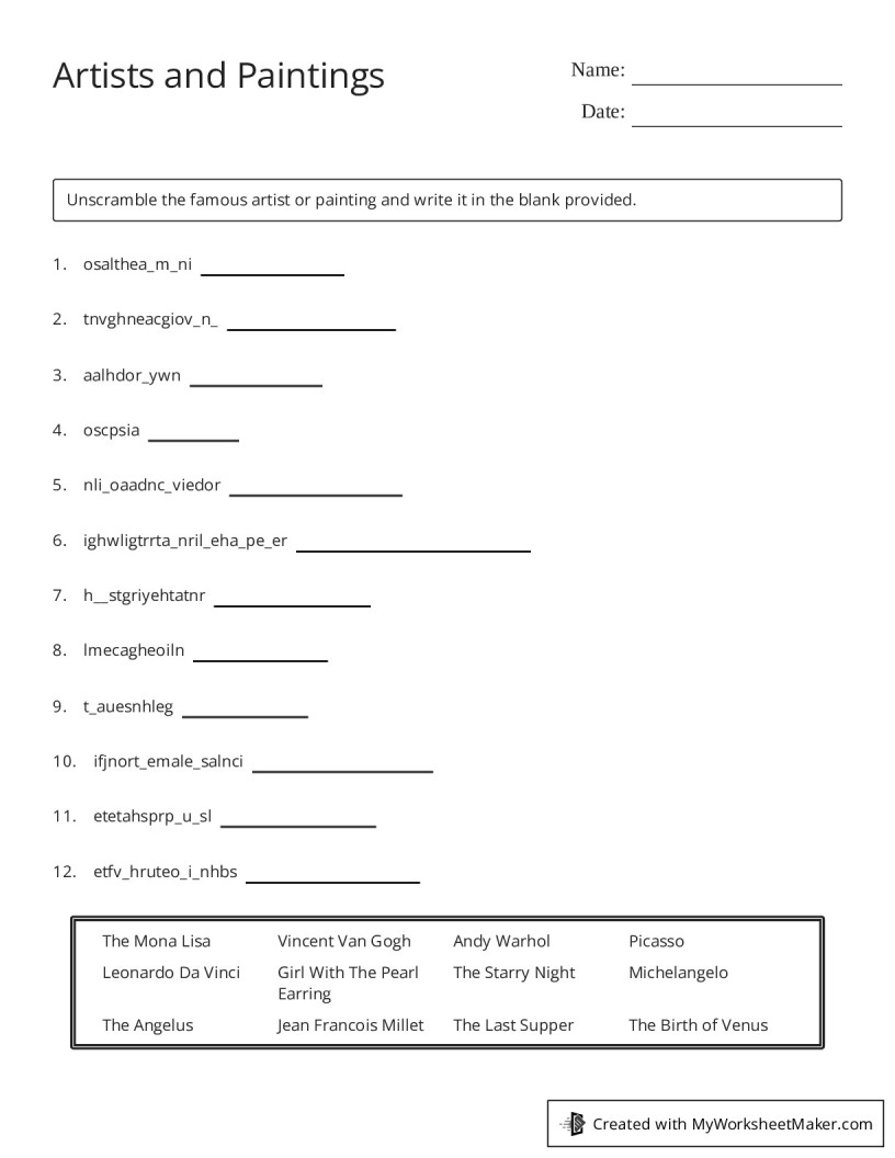 Artists and Paintings - My Worksheet Maker: Create Your Own Worksheets