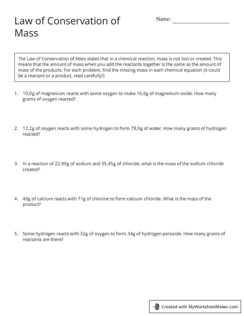 Law of Conservation of Mass - My Worksheet Maker: Create Your Own ...