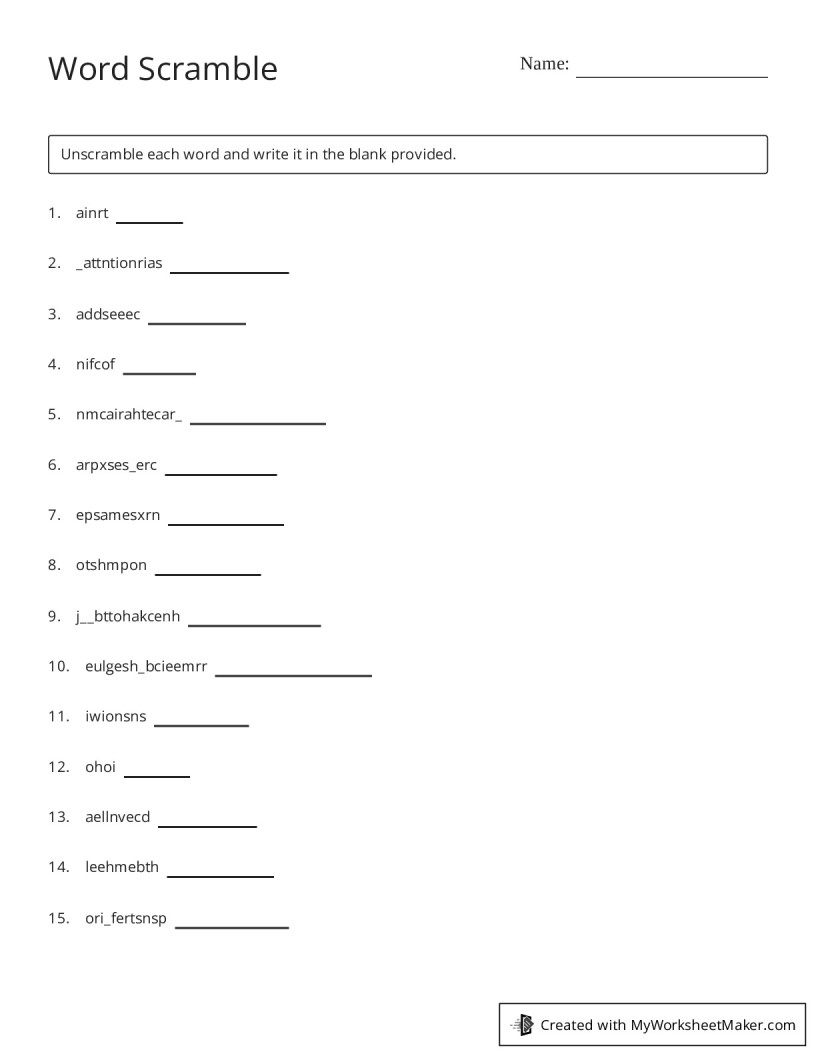 Word Scramble - My Worksheet Maker: Create Your Own Worksheets