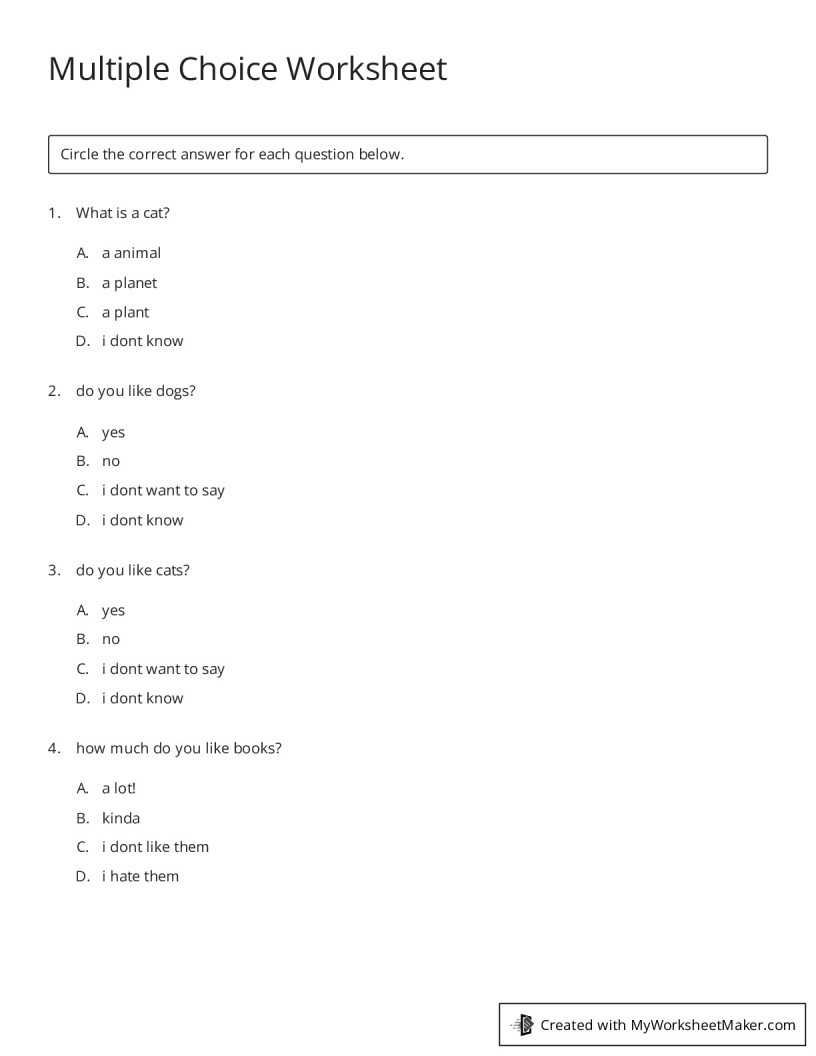 Multiple Choice Worksheet - My Worksheet Maker: Create Your Own Worksheets