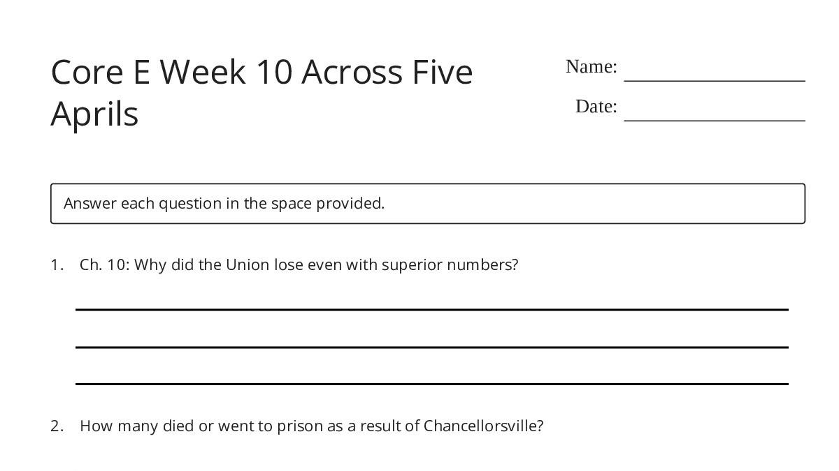 Core E Week 10 Across Five Aprils - My Worksheet Maker: Create Your Own ...