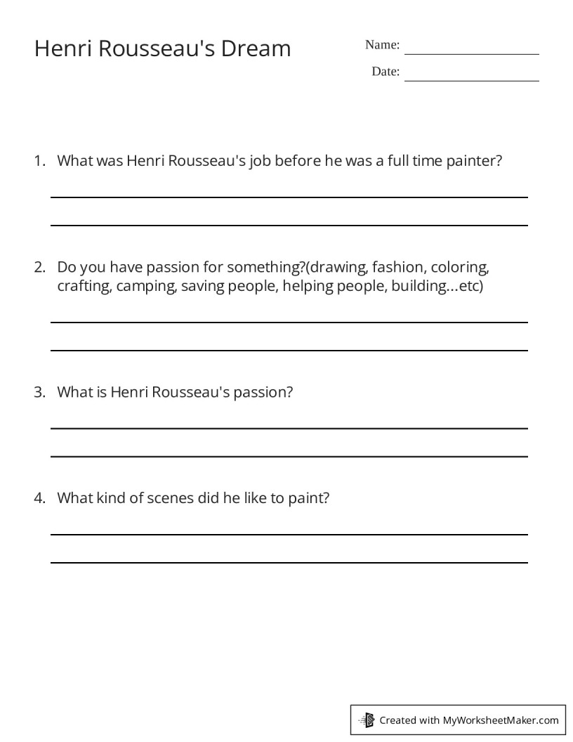Henri Rousseau's Dream - My Worksheet Maker: Create Your Own Worksheets