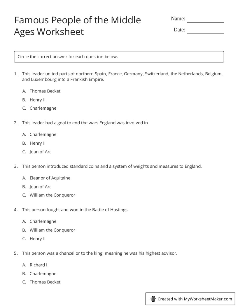 Famous People of the Middle Ages Worksheet - My Worksheet Maker: Create ...