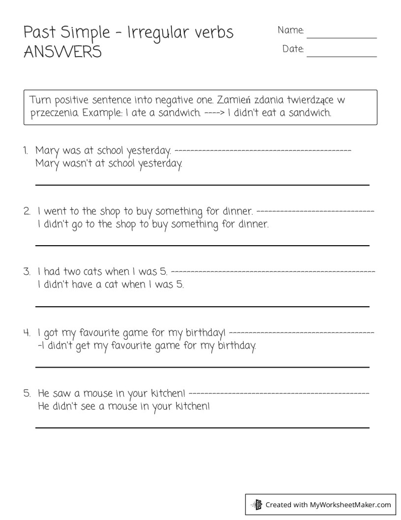 Past Simple - Irregular verbs ANSWERS - My Worksheet Maker: Create Your ...