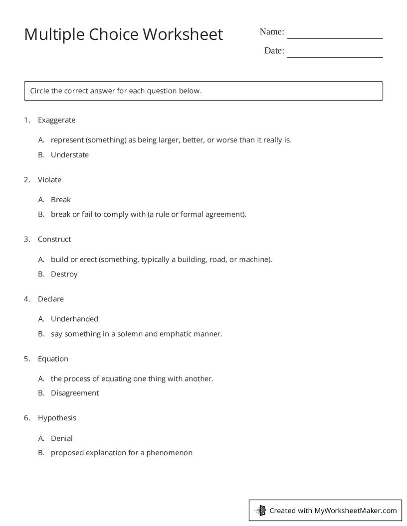 Multiple Choice Worksheet - My Worksheet Maker: Create Your Own Worksheets