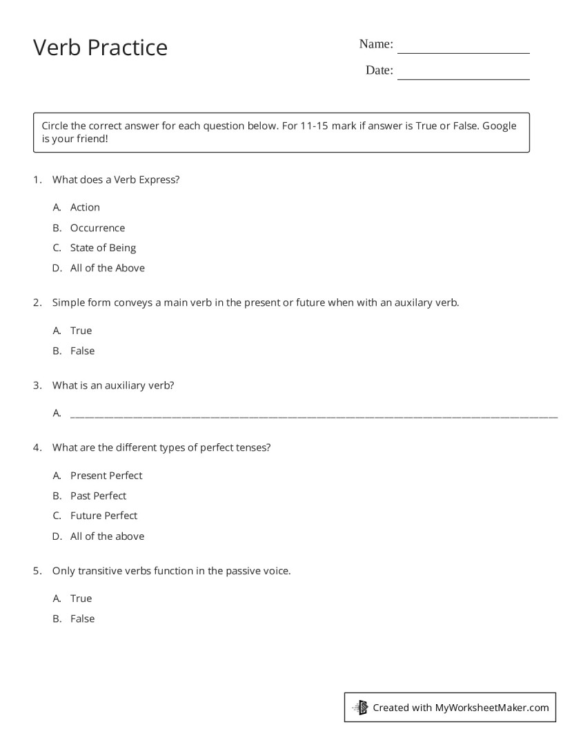 Verb Practice - My Worksheet Maker: Create Your Own Worksheets