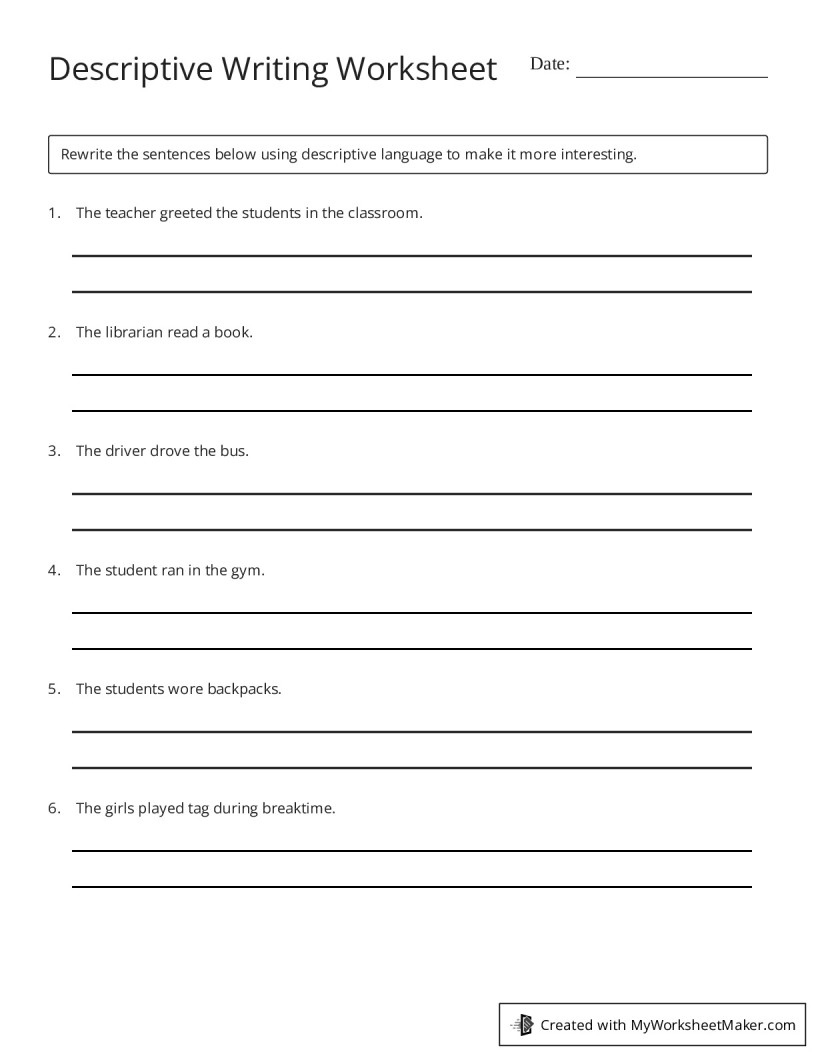 Descriptive Writing Worksheet - My Worksheet Maker: Create Your Own ...