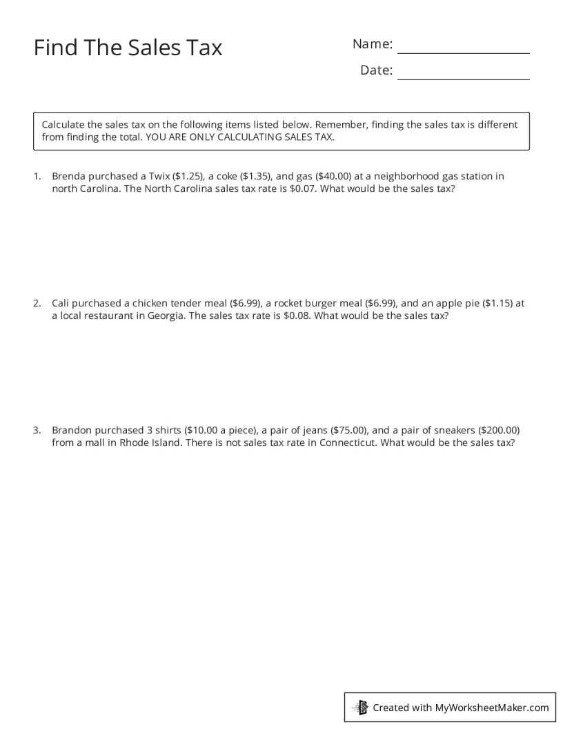 Find The Sales Tax - My Worksheet Maker: Create Your Own Worksheets