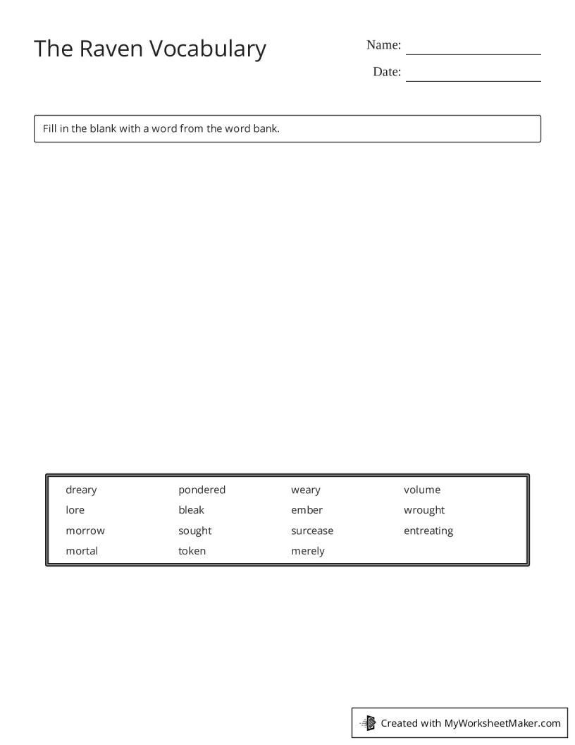 The Raven Vocabulary - My Worksheet Maker: Create Your Own Worksheets