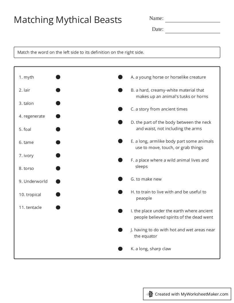 Matching Mythical Beasts - My Worksheet Maker: Create Your Own Worksheets
