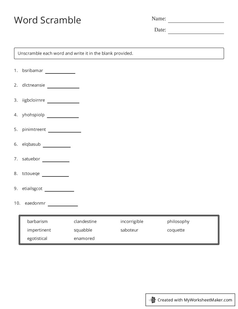 Word Scramble - My Worksheet Maker: Create Your Own Worksheets