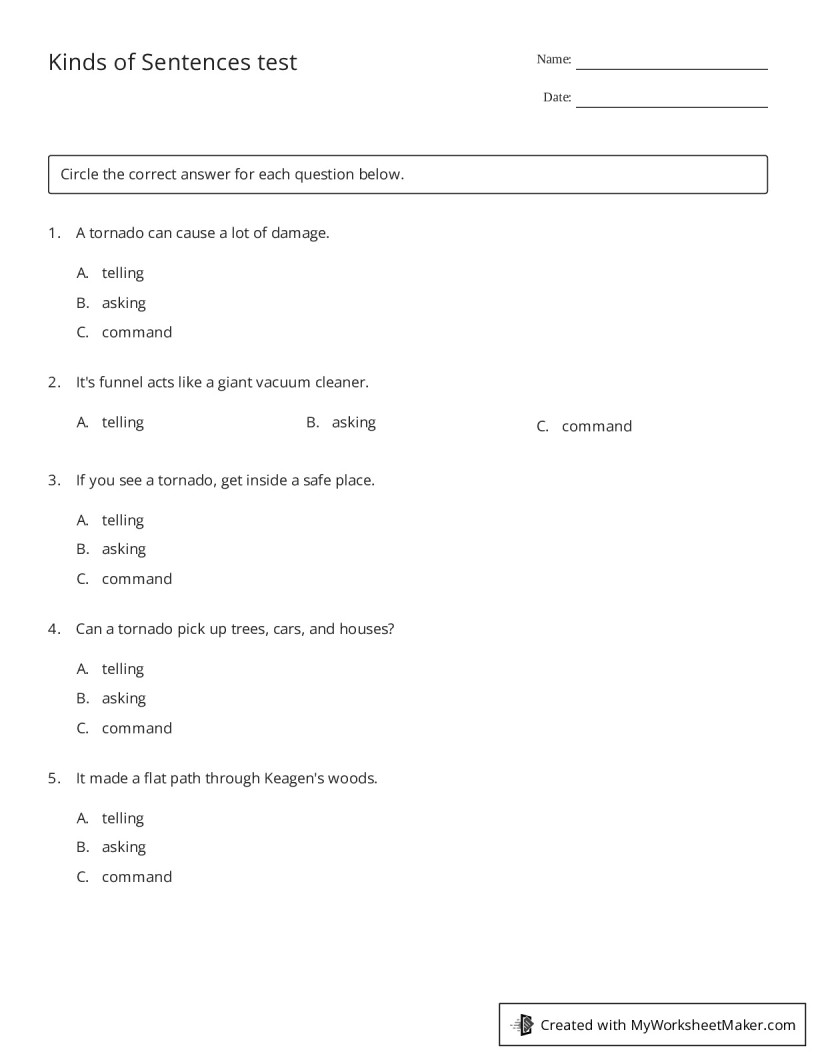 Kinds of Sentences test - My Worksheet Maker: Create Your Own Worksheets