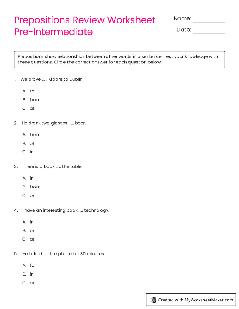 Prepositions Review Worksheet Pre-Intermediate - My Worksheet Maker ...
