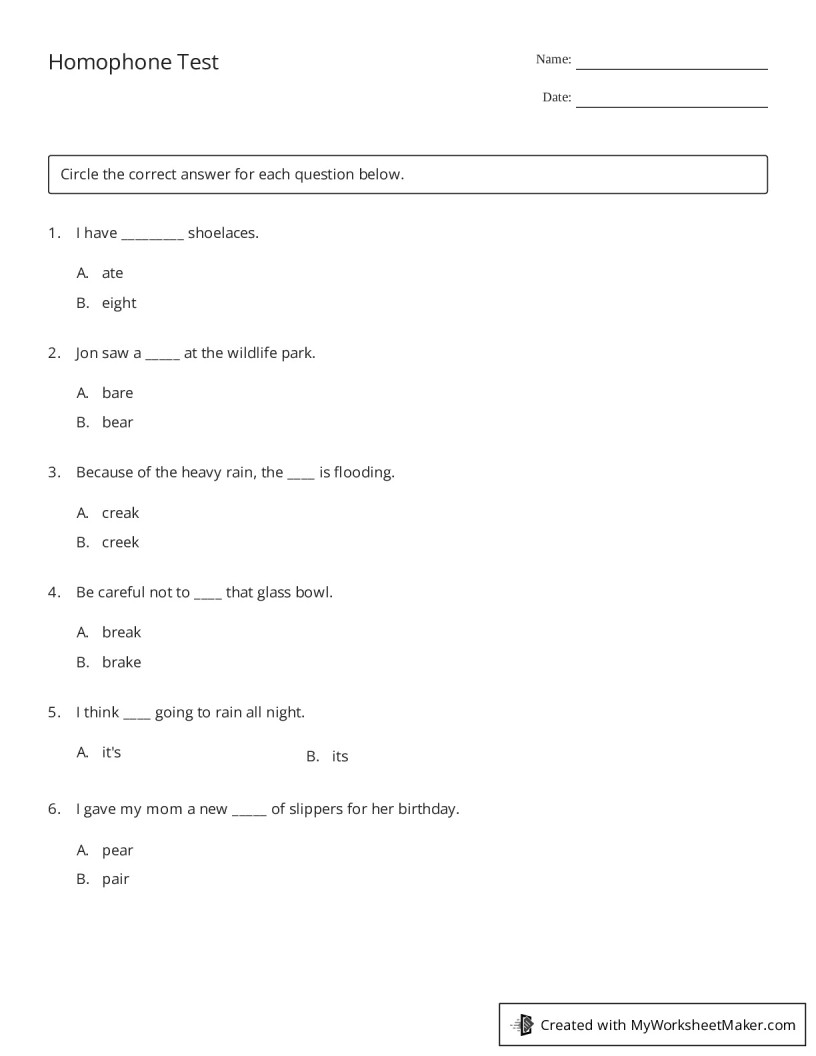 Homophone Test - My Worksheet Maker: Create Your Own Worksheets