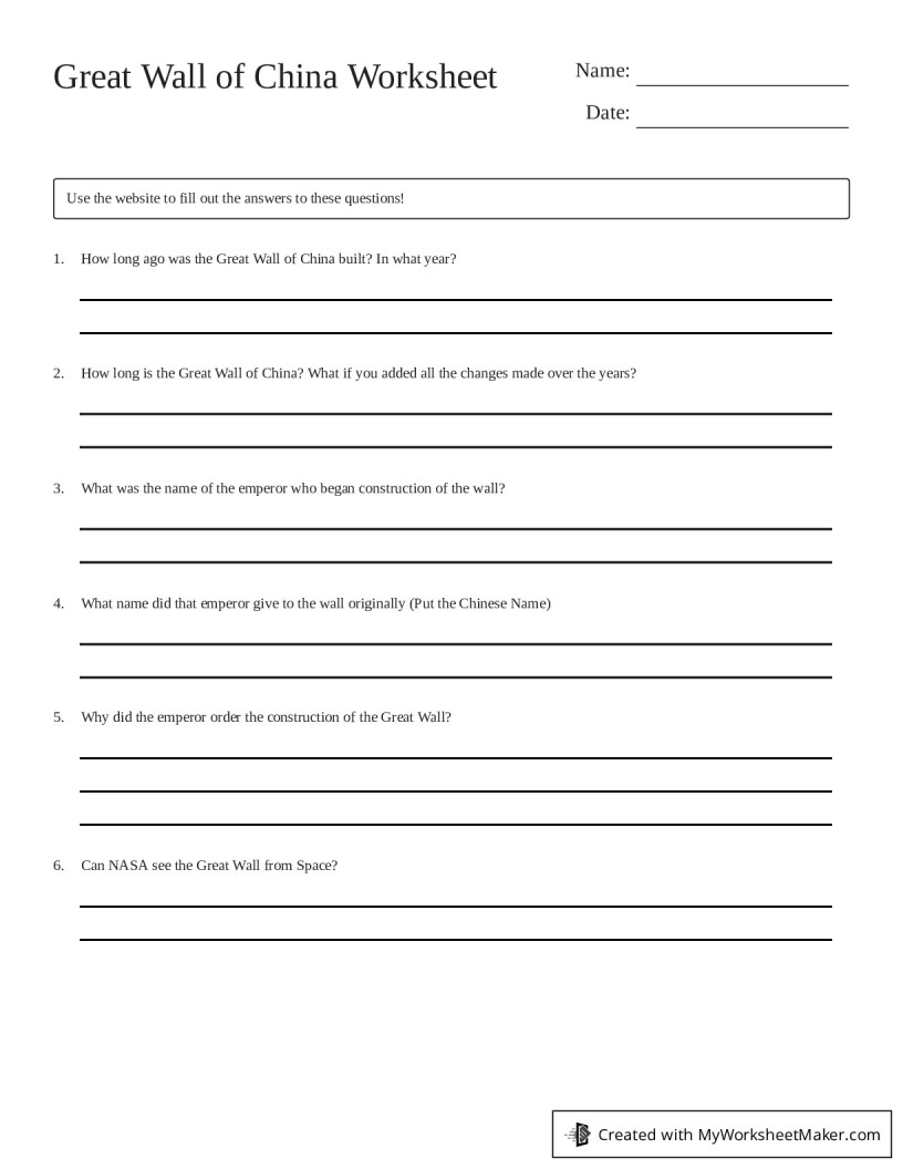 Great Wall of China Worksheet - My Worksheet Maker: Create Your Own ...
