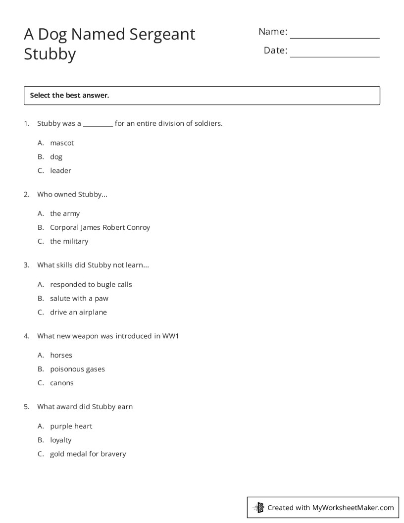 A Dog Named Sergeant Stubby - My Worksheet Maker: Create Your Own ...