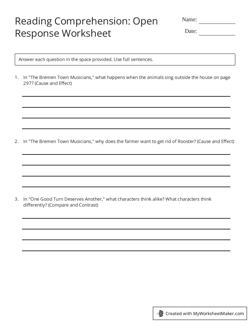 Reading Comprehension: Open Response Worksheet - My Worksheet Maker ...