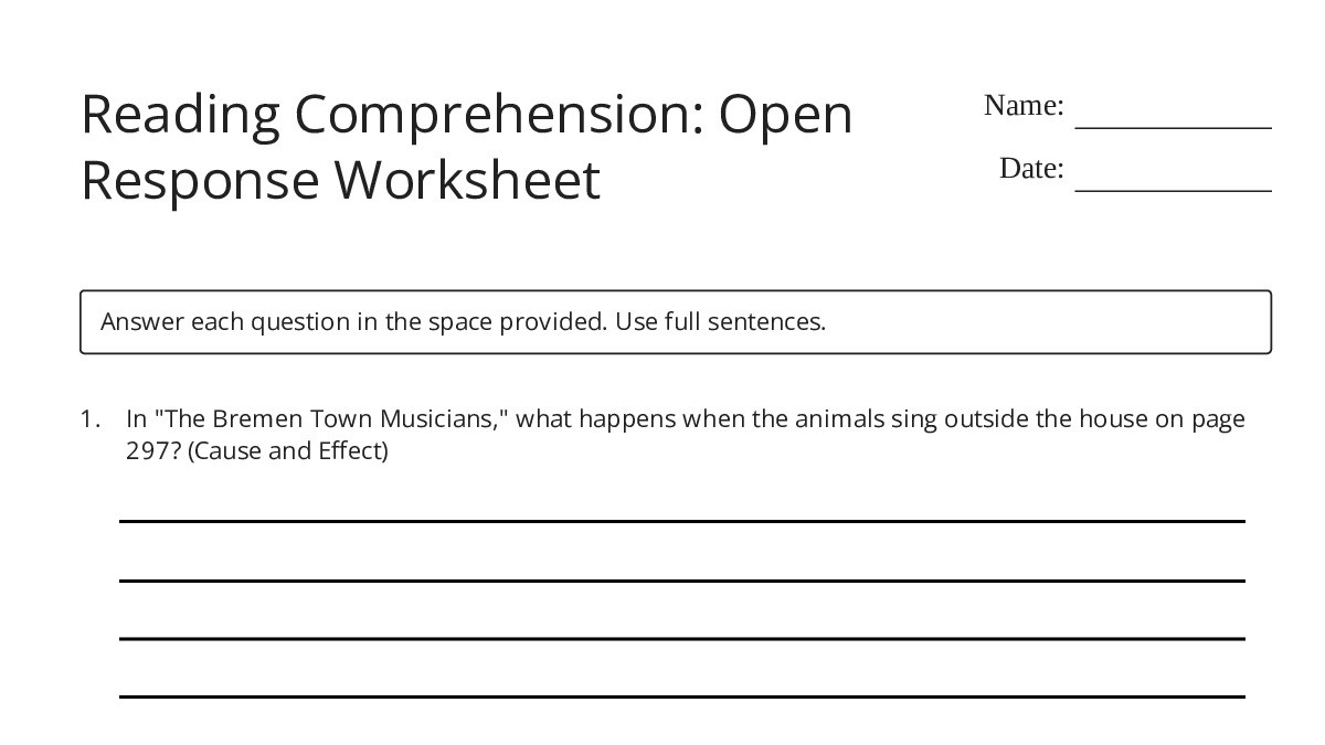 Reading Comprehension: Open Response Worksheet - My Worksheet Maker ...