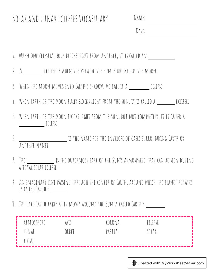 Solar and Lunar Eclipses Vocabulary - My Worksheet Maker: Create Your ...