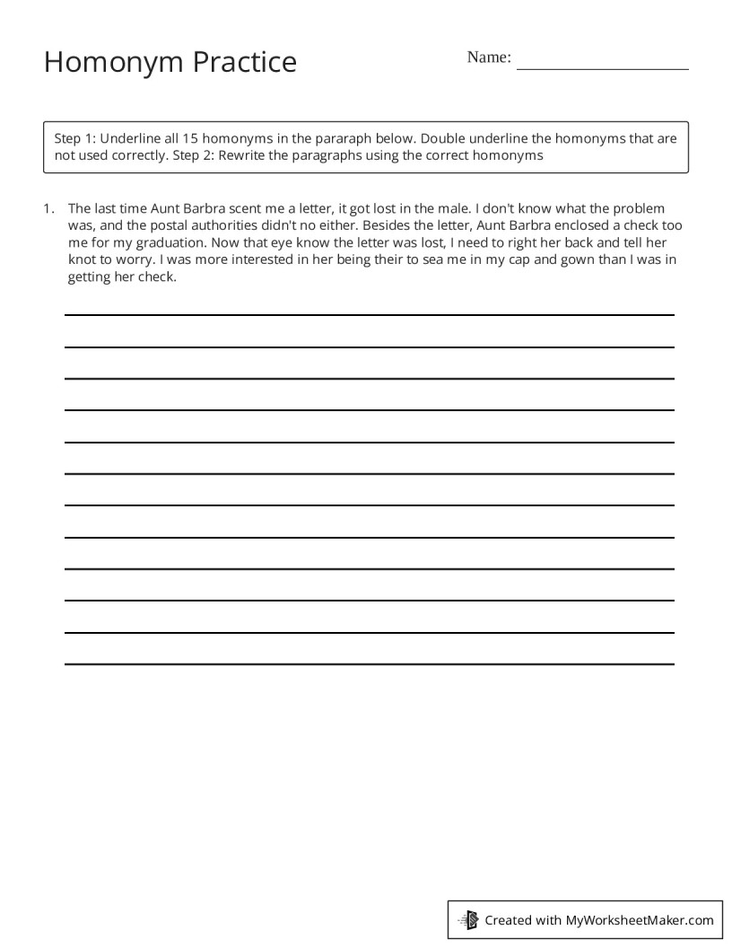 Homonym Practice - My Worksheet Maker: Create Your Own Worksheets