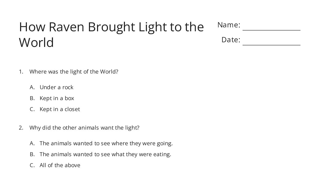 How Raven Brought Light to the World - My Worksheet Maker: Create Your ...