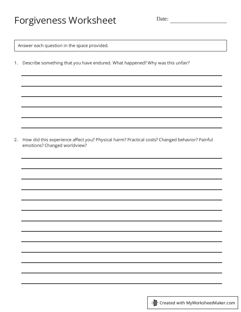 Forgiveness Worksheet - My Worksheet Maker: Create Your Own Worksheets