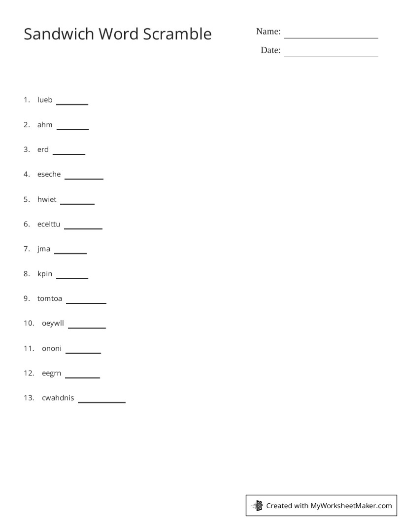 Sandwich Word Scramble - My Worksheet Maker: Create Your Own Worksheets